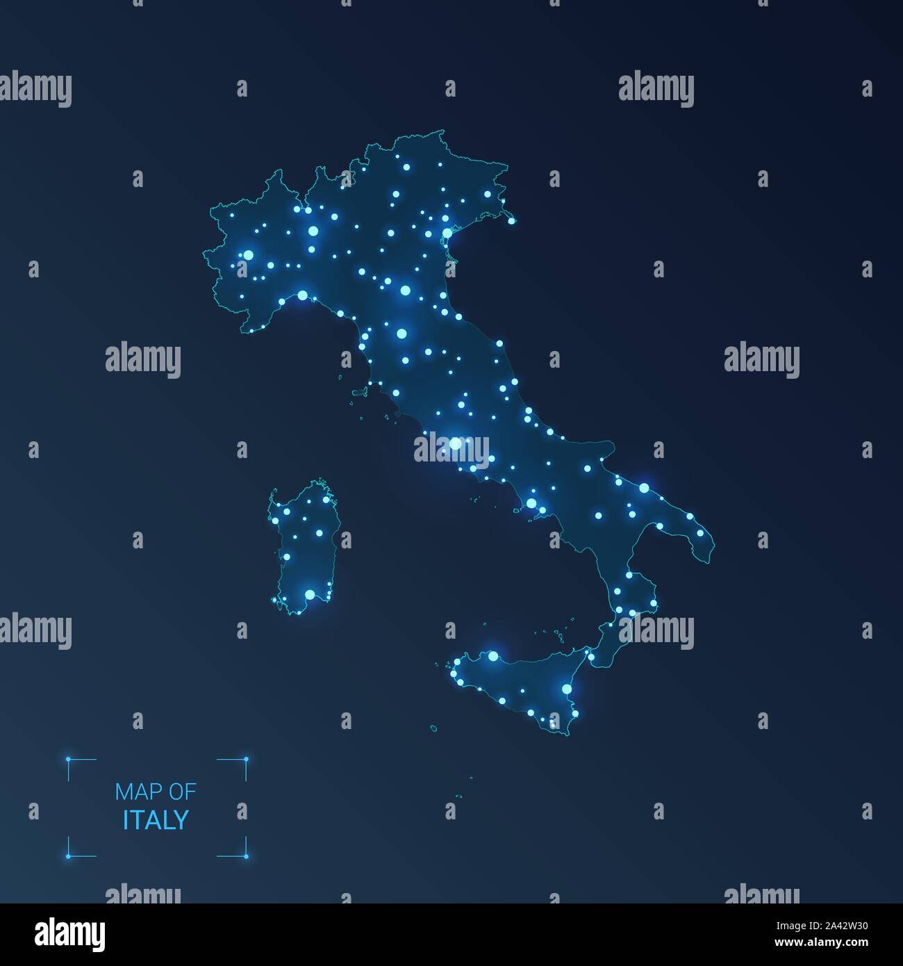 Italy map with cities. Luminous dots - neon lights on dark background ...