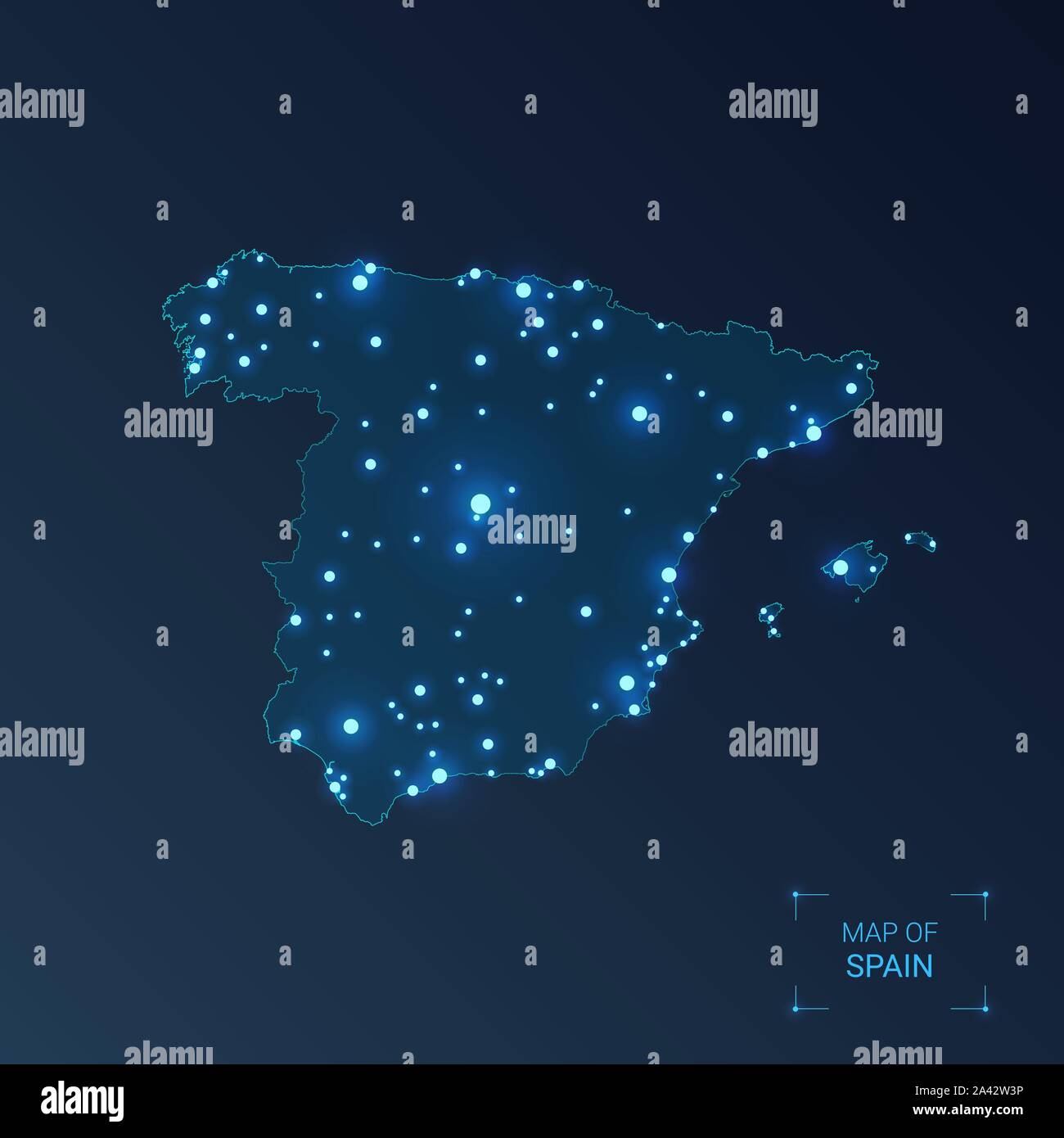 Spain map with cities. Luminous dots - neon lights on dark background ...