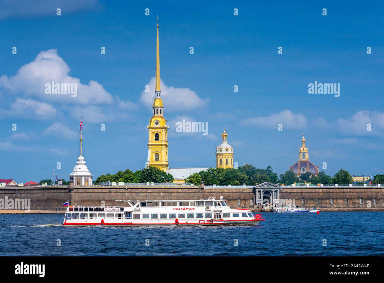 The spires of the Peter and Paul Fortress and the Neva River, St. Petersburg, Russia Stock Photo ...