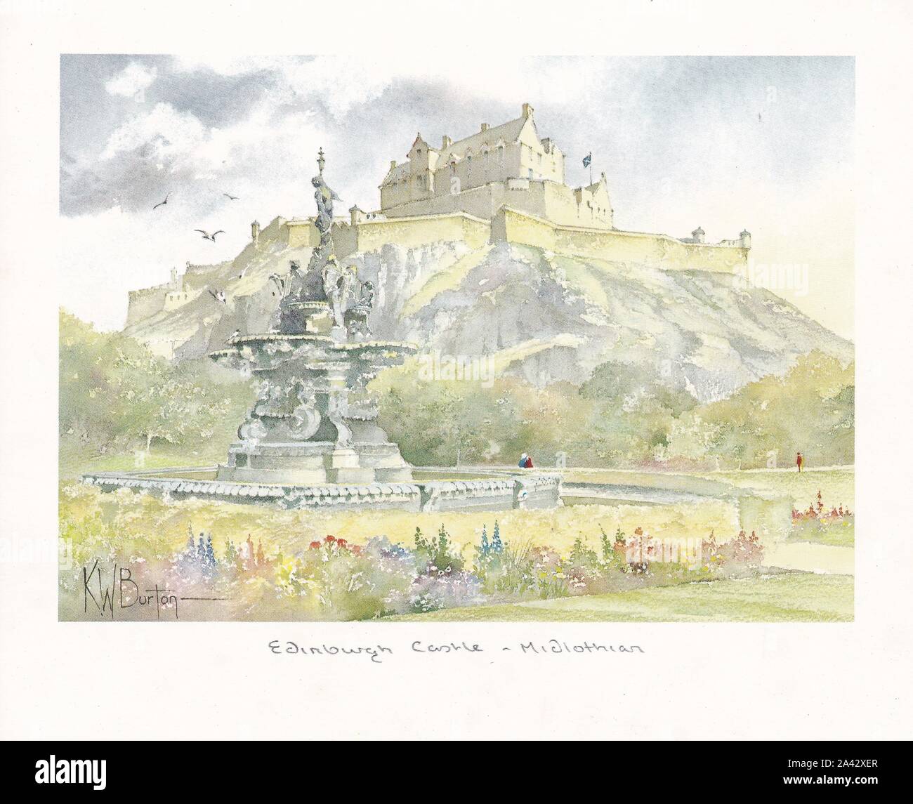 Watercolour Painting by K. W. Burton of Edinburgh Castle, Midlothian ...