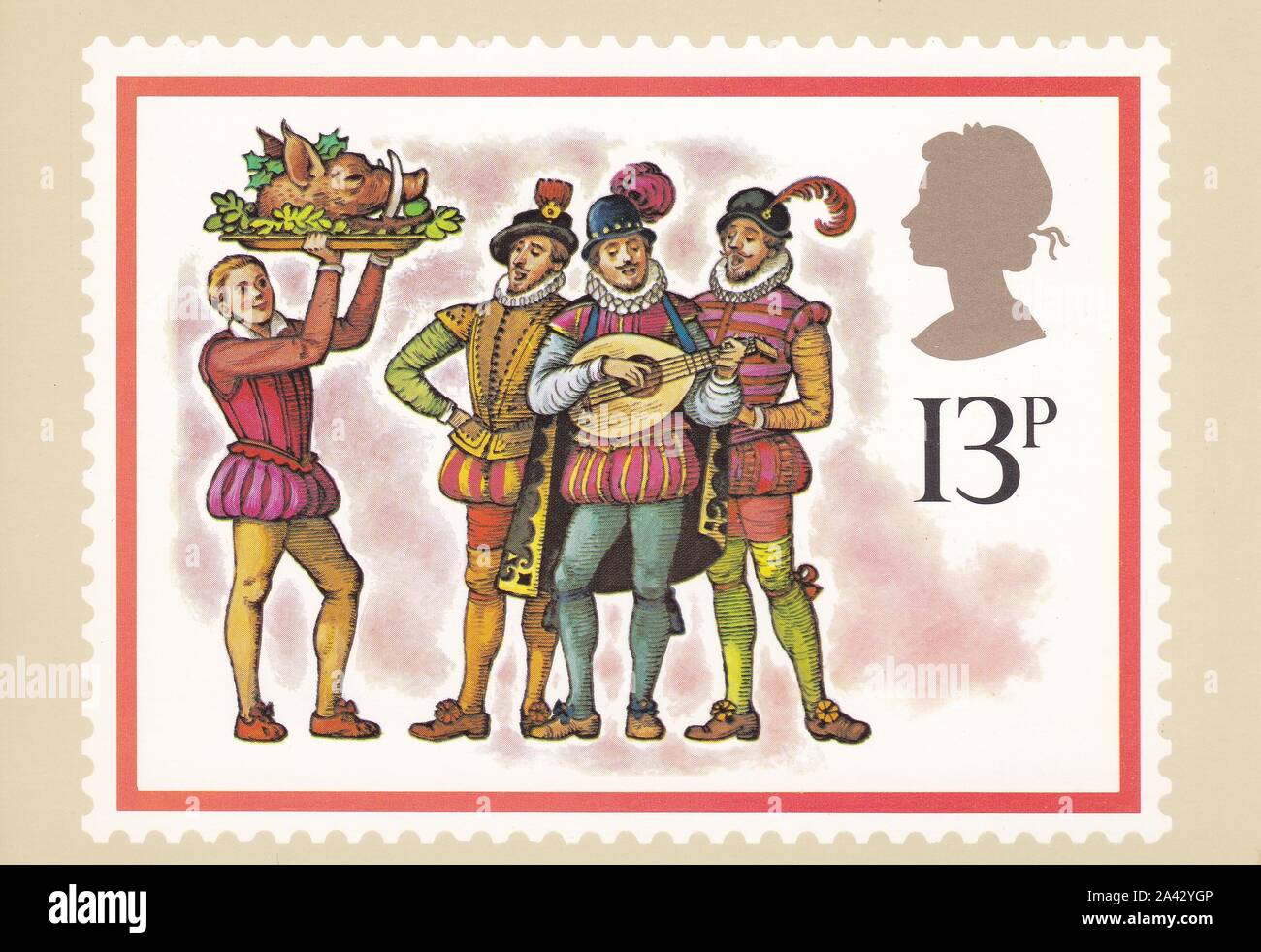 Colour Royal Mail postcard of 13p stamp 16th Century Carollers Singing ...