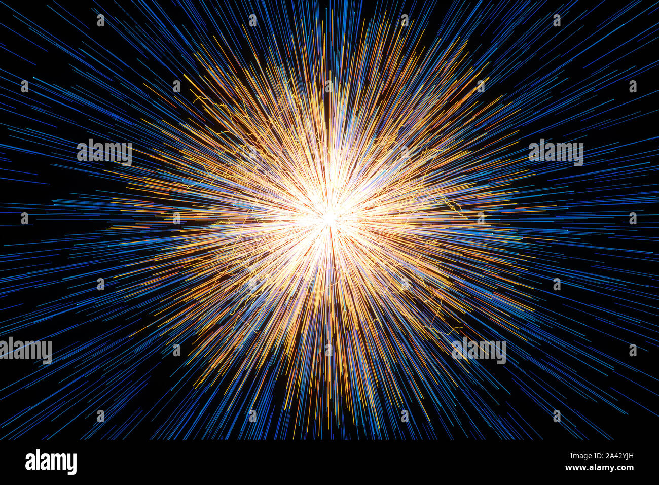 Golden glowing radial lines, magical lines, 3d rendering. Computer ...