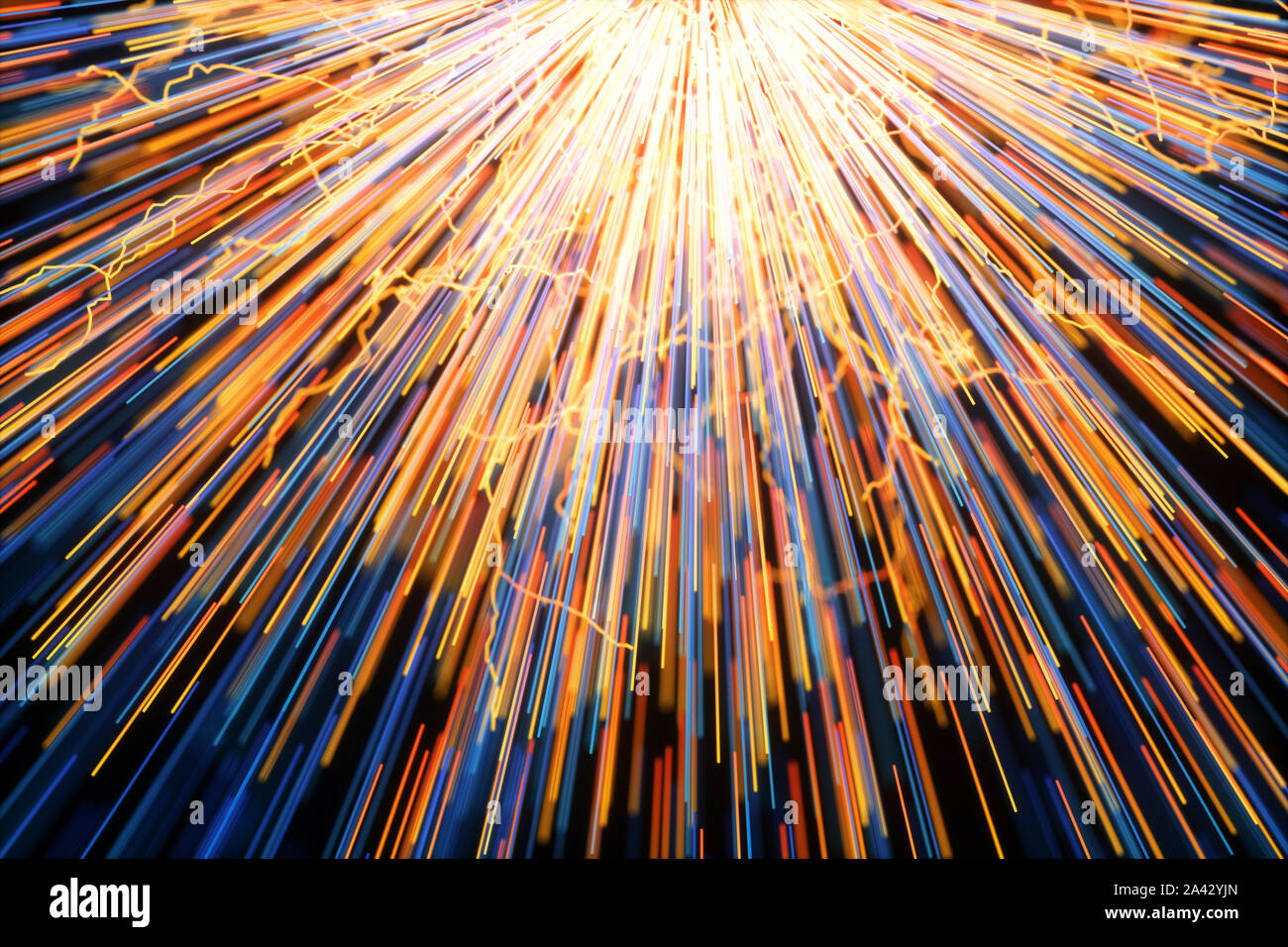 Golden glowing radial lines, magical lines, 3d rendering. Computer ...