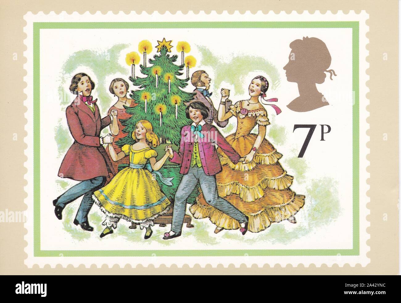 Colour Royal Mail postcard of 7p stamp A Victorian Carol Singing Scene ...