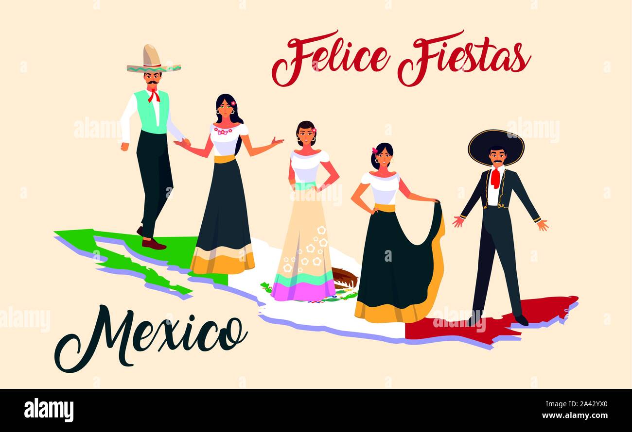 group of people with label felices fiesta mexico vector illustration ...