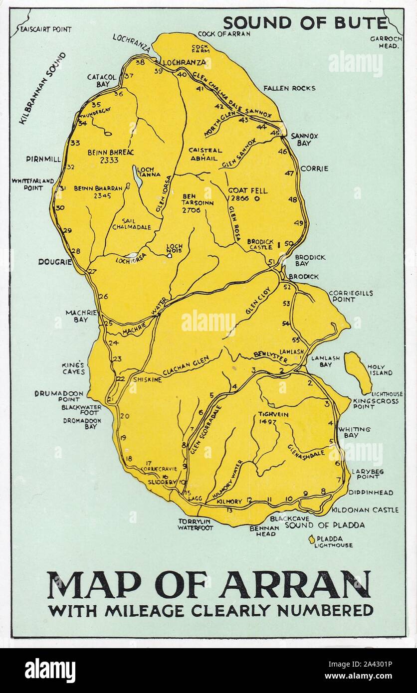 Colour postcard of Map of Arran Stock Photo - Alamy