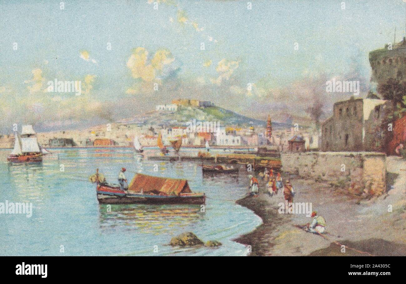 Colour watercolour postcard of Napoli - Panorama dal Mare Stock Photo ...