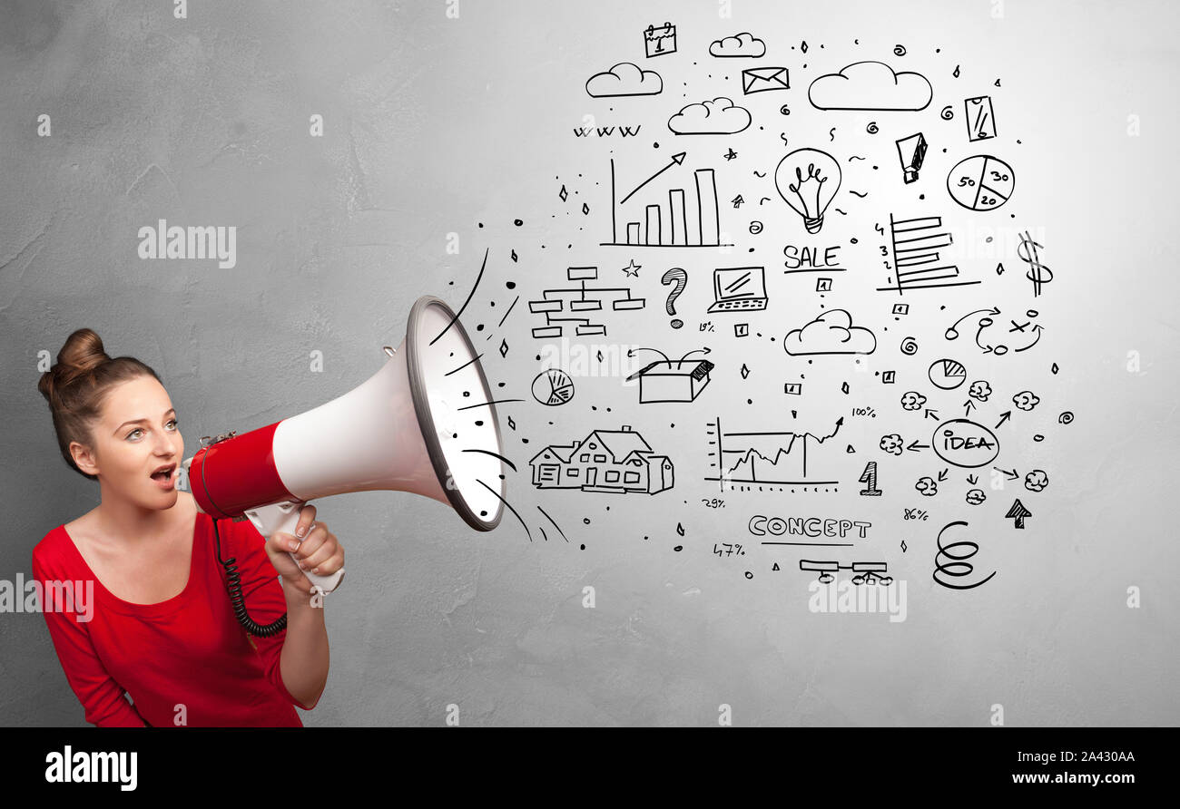 Person holding megaphone and yelling office concept Stock Photo - Alamy