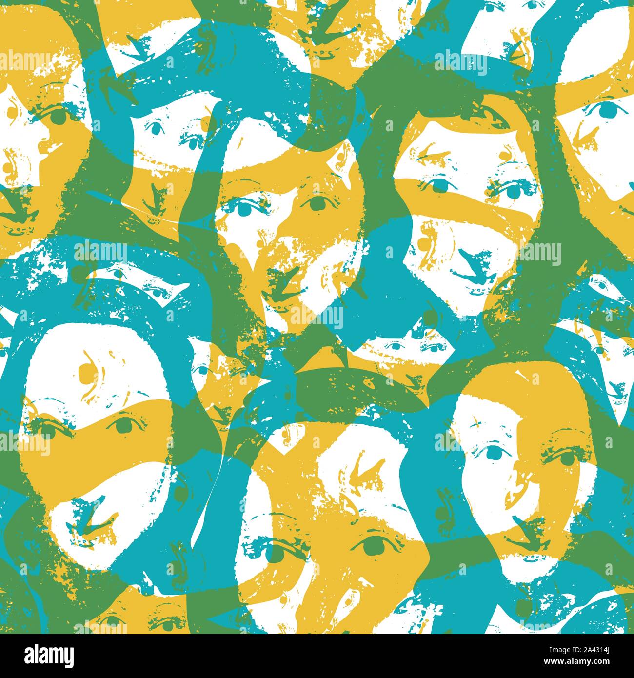 Aqua and saffron color screenprint style abstract design with women ...