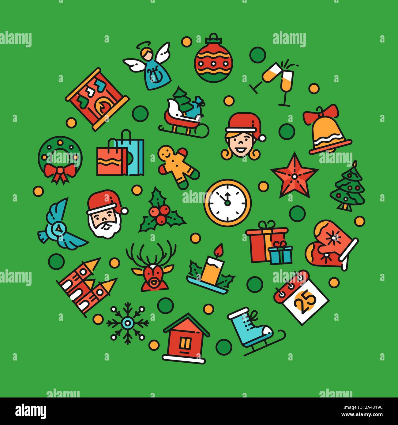 Christmas symbols in circle shape linear vector illustration Stock ...