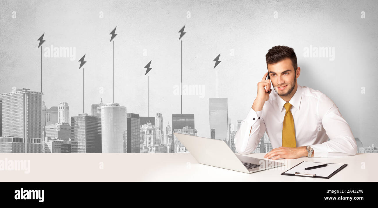 Announcer sitting at desk presenting the city energy consumption Stock ...