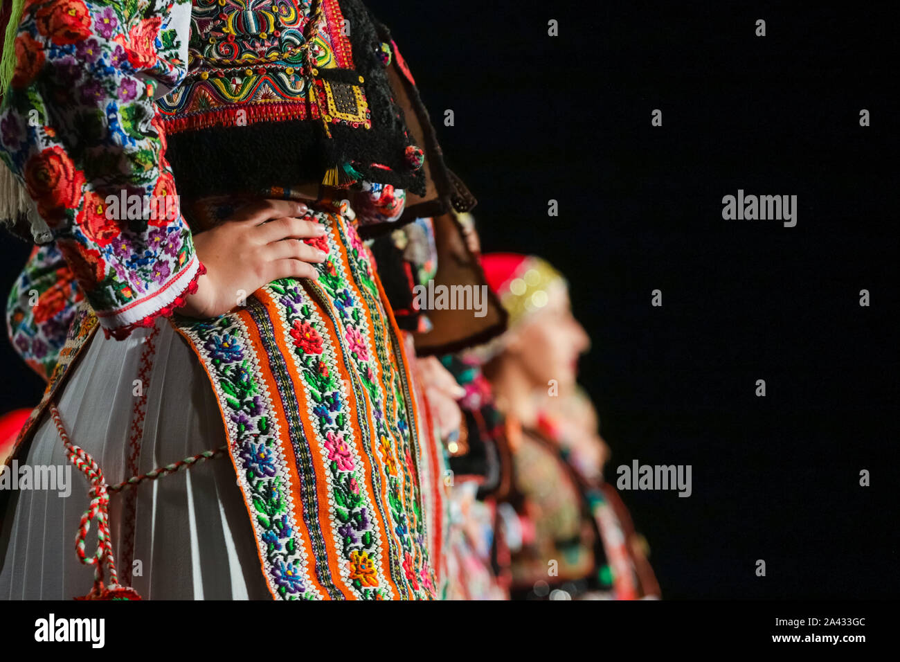 Close up on detail of young Romanian female dancer traditional ...