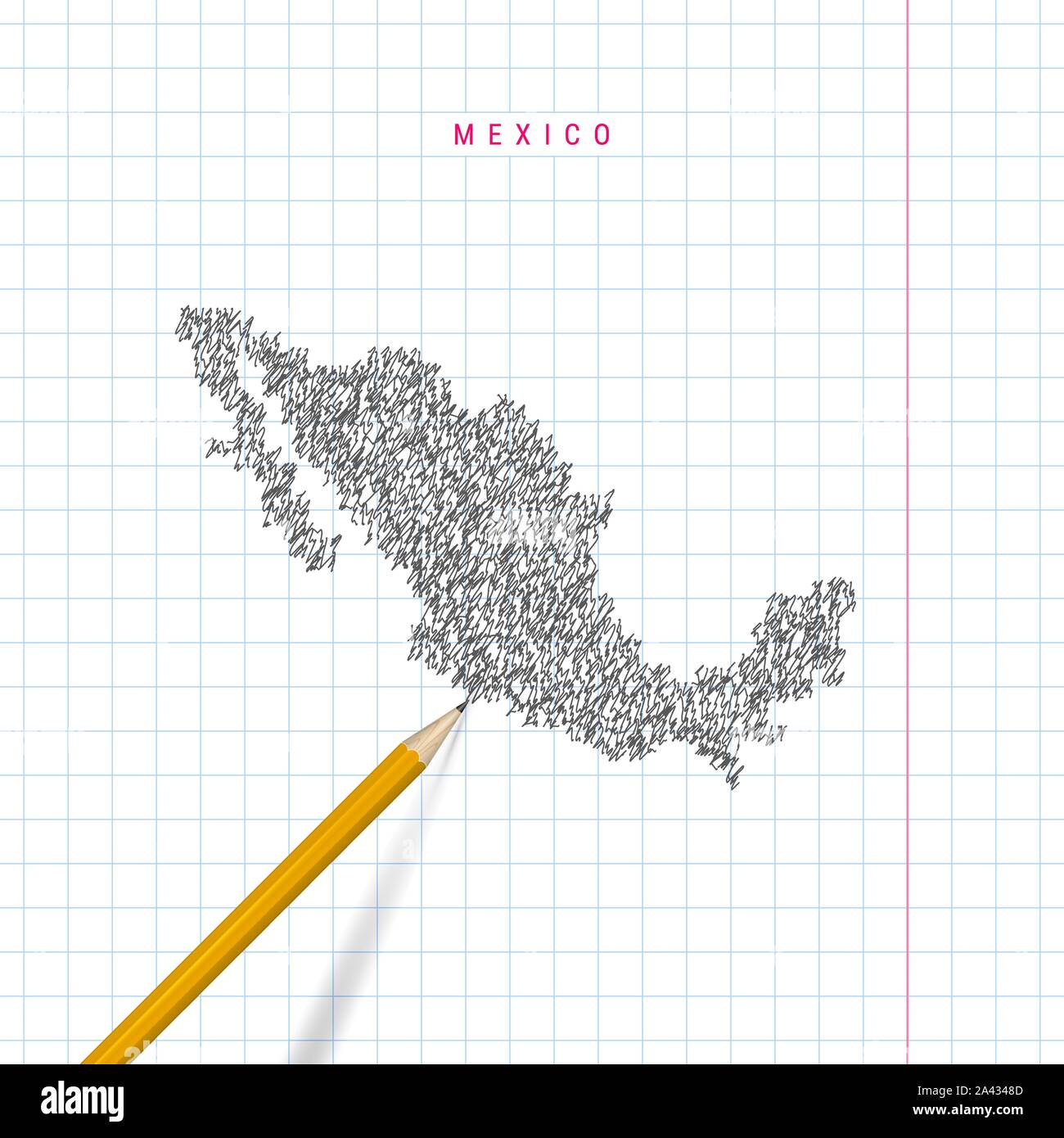 Mexico sketch scribble map drawn on checkered school notebook paper ...