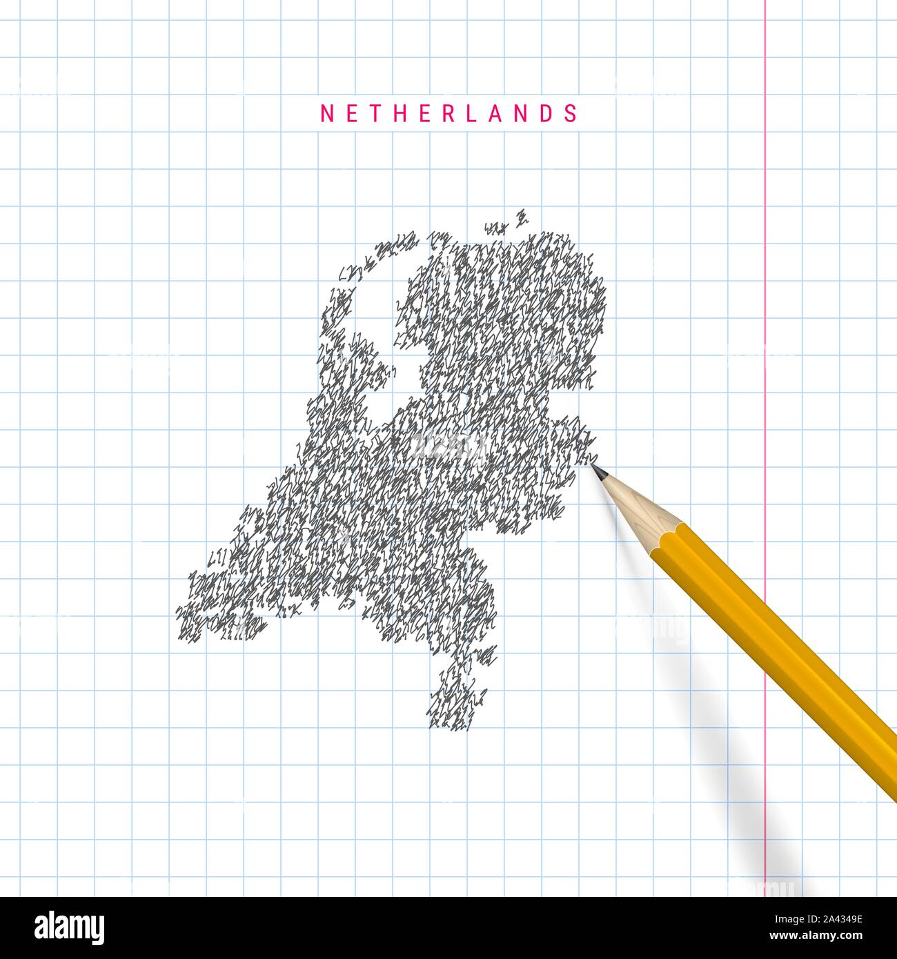 Netherlands sketch scribble map drawn on checkered school notebook ...