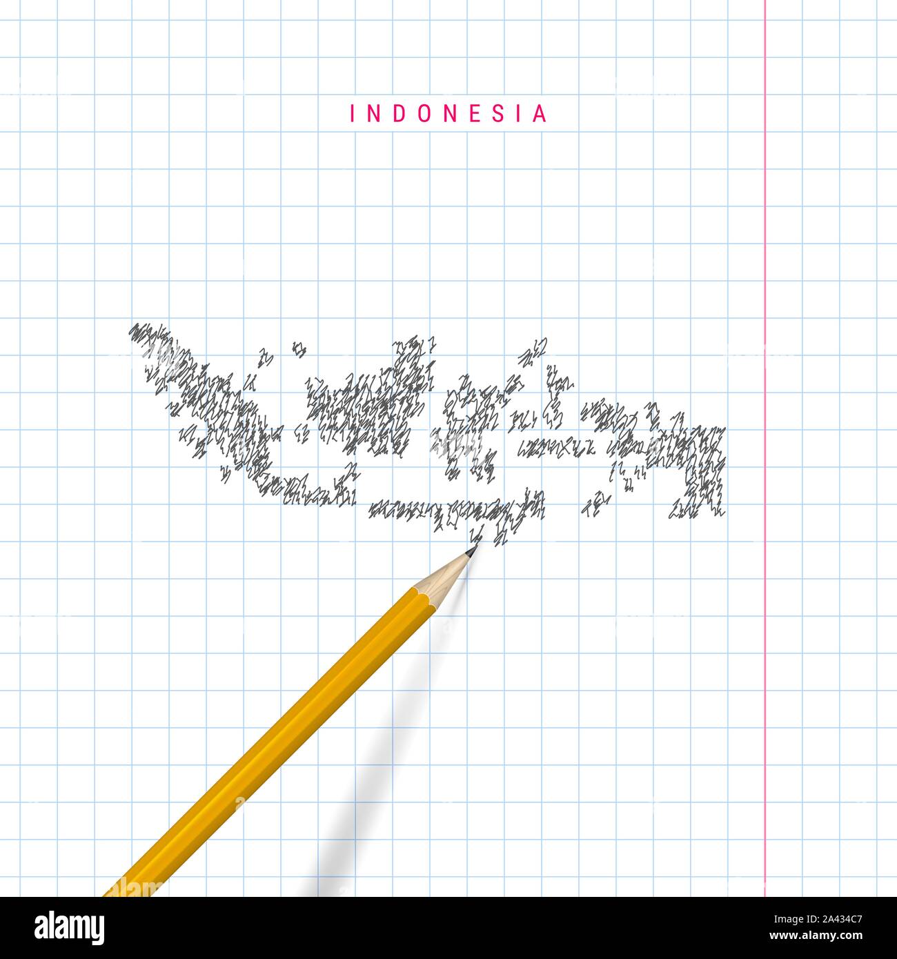 Indonesia sketch scribble map drawn on checkered school notebook paper ...