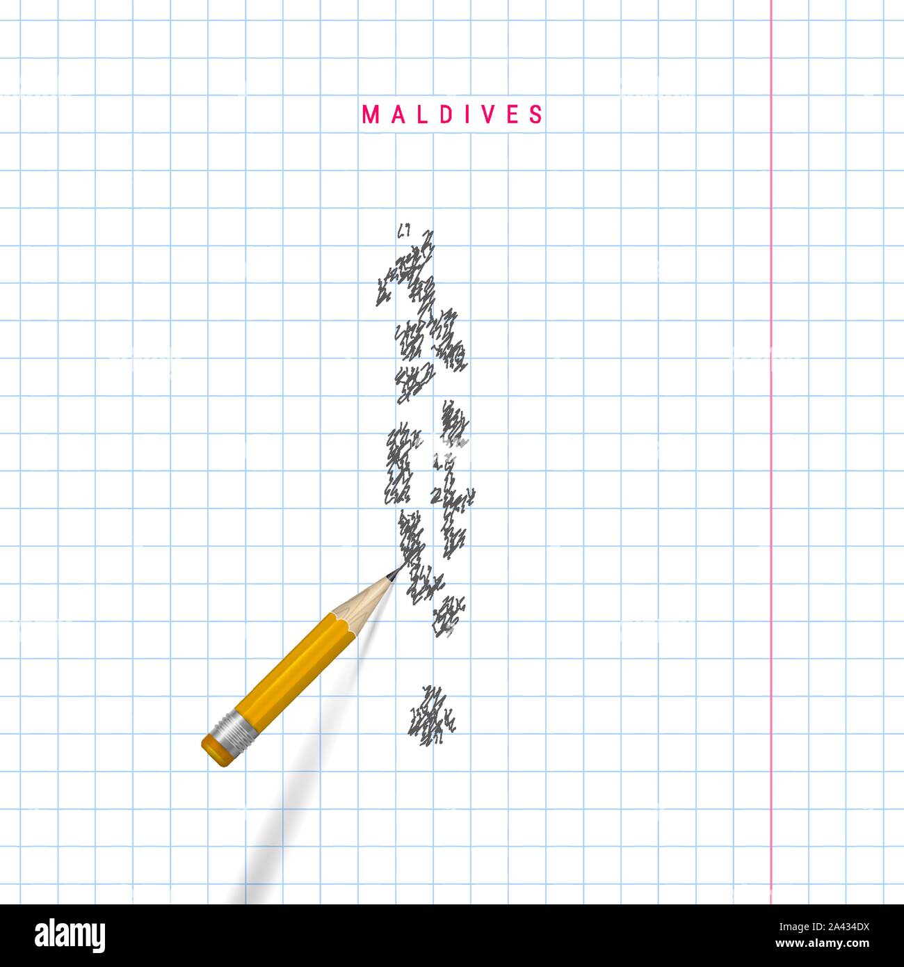 Maldives sketch scribble map drawn on checkered school notebook paper ...