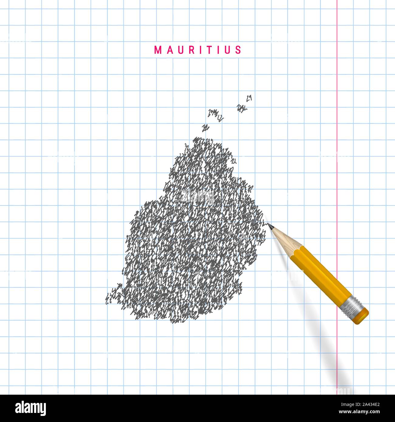 Mauritius sketch scribble map drawn on checkered school notebook paper ...