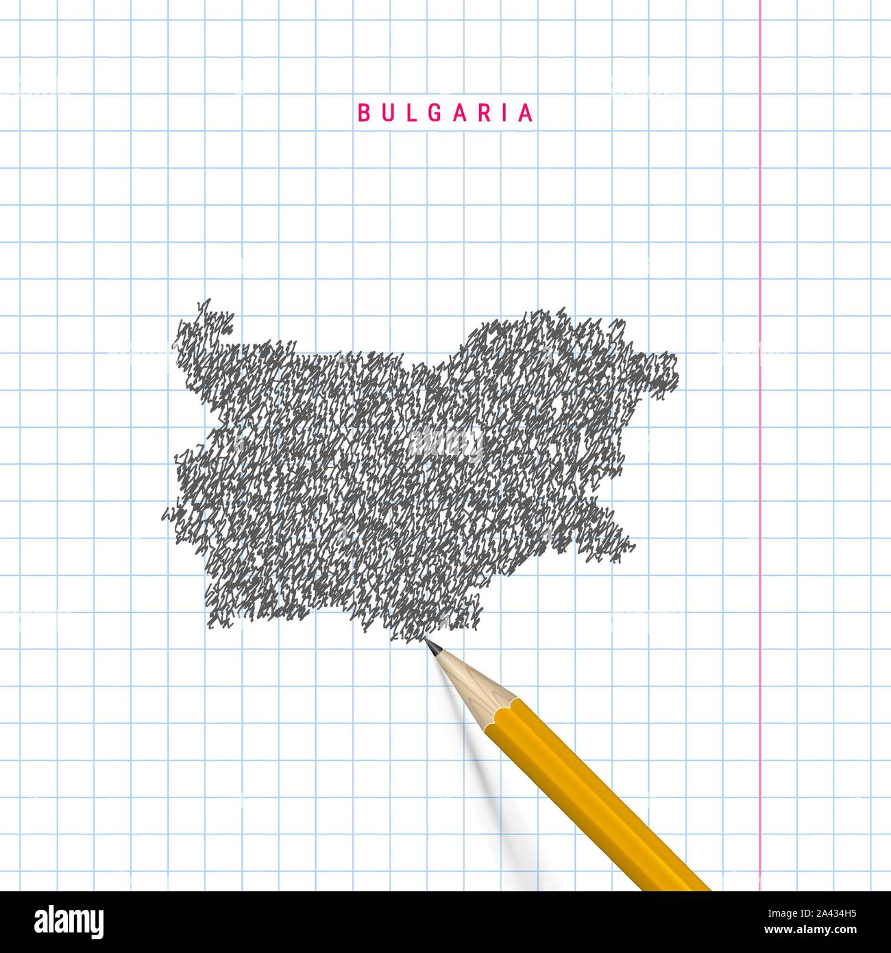 Bulgaria sketch scribble map drawn on checkered school notebook paper background. Hand drawn ...