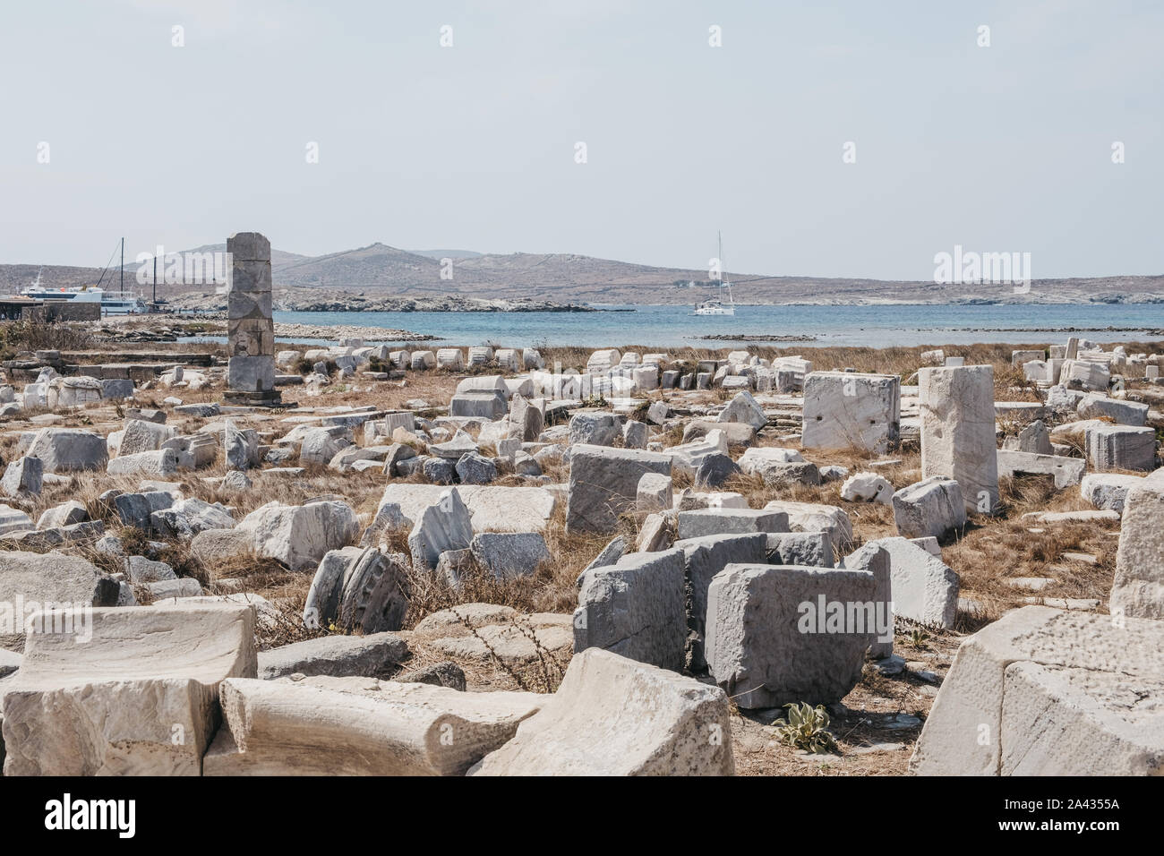 Ruins and columns on the island of Delos, Greece, an archaeological ...