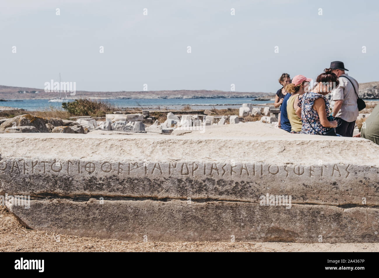 Delos, Greece - September 20, 2019: Writings on the ruins on Sacred Way ...