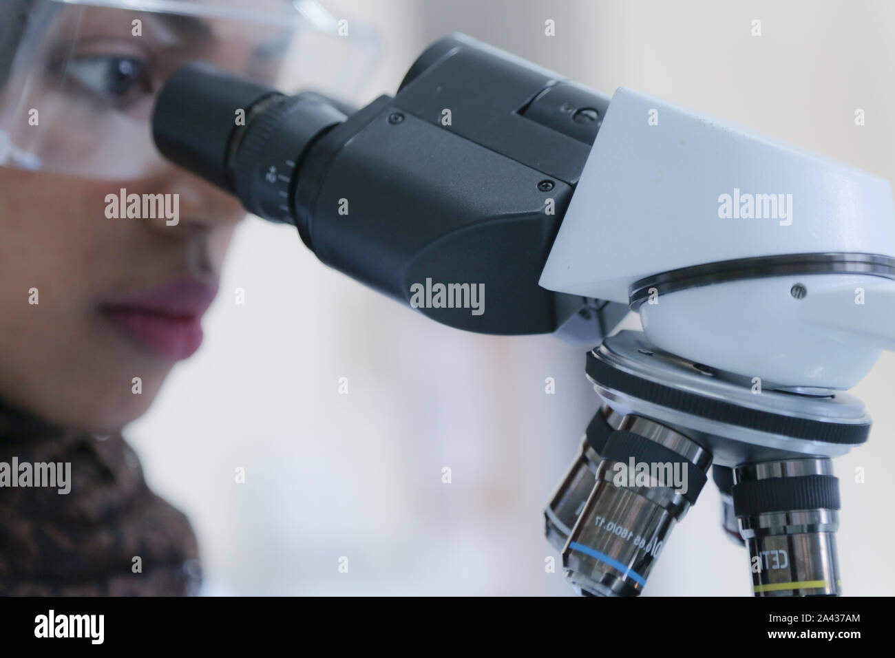 Young african muslim female scientist looking through a microscope in a ...