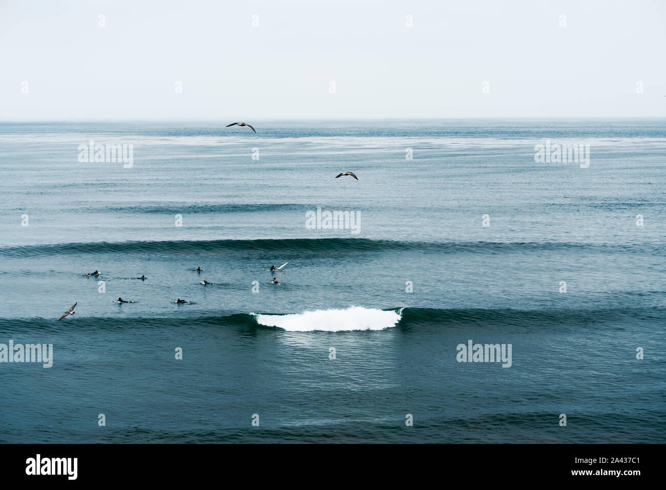 Aerial view, horizon over the sea with surfing silhouette. Dramatic ...