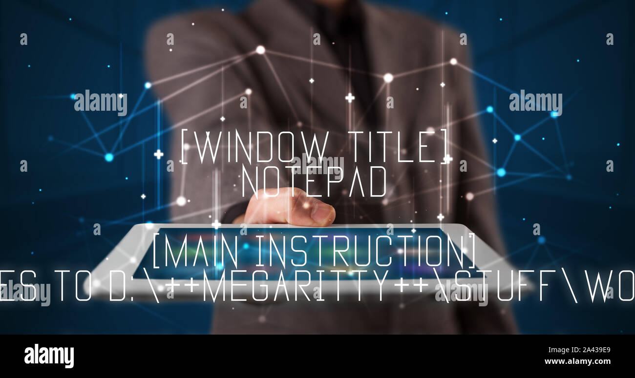 Young business person working on tablet and shows the digital sign ...
