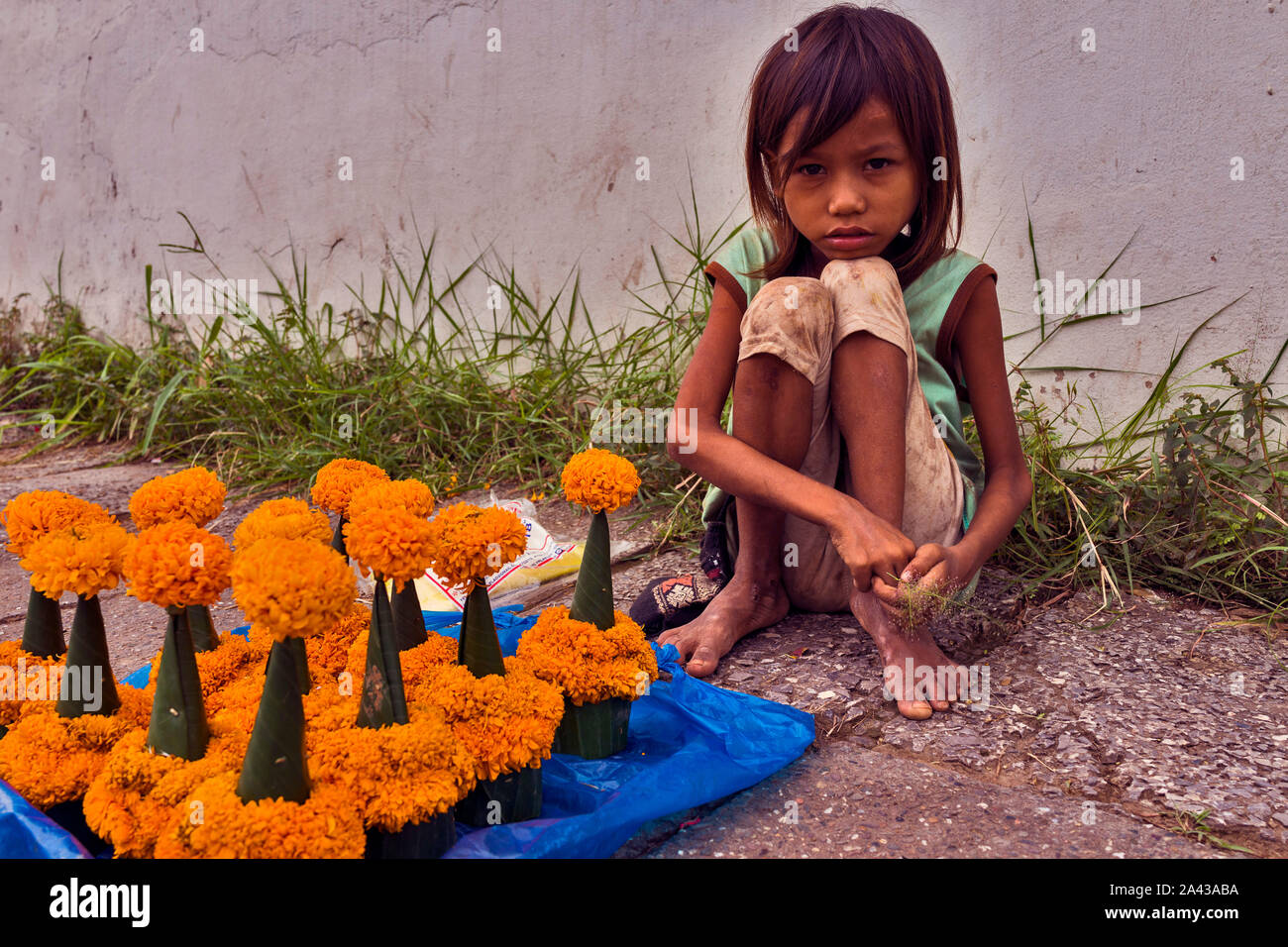 A young local girl selling floral offerings on the street in the ...
