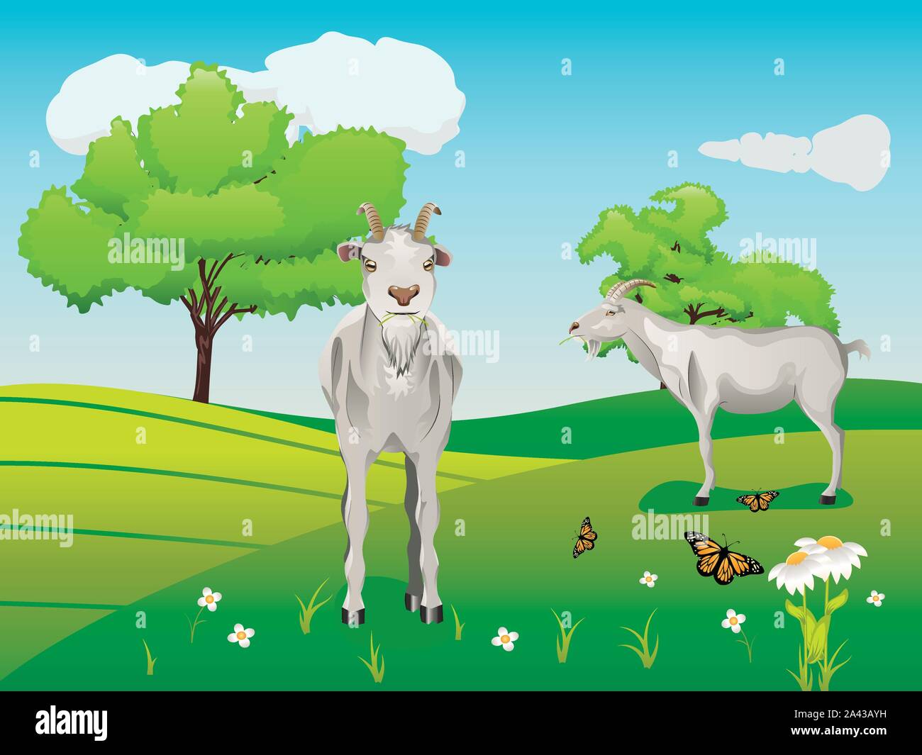 Summer landscape with curious goat, trees, river, flowers and ...