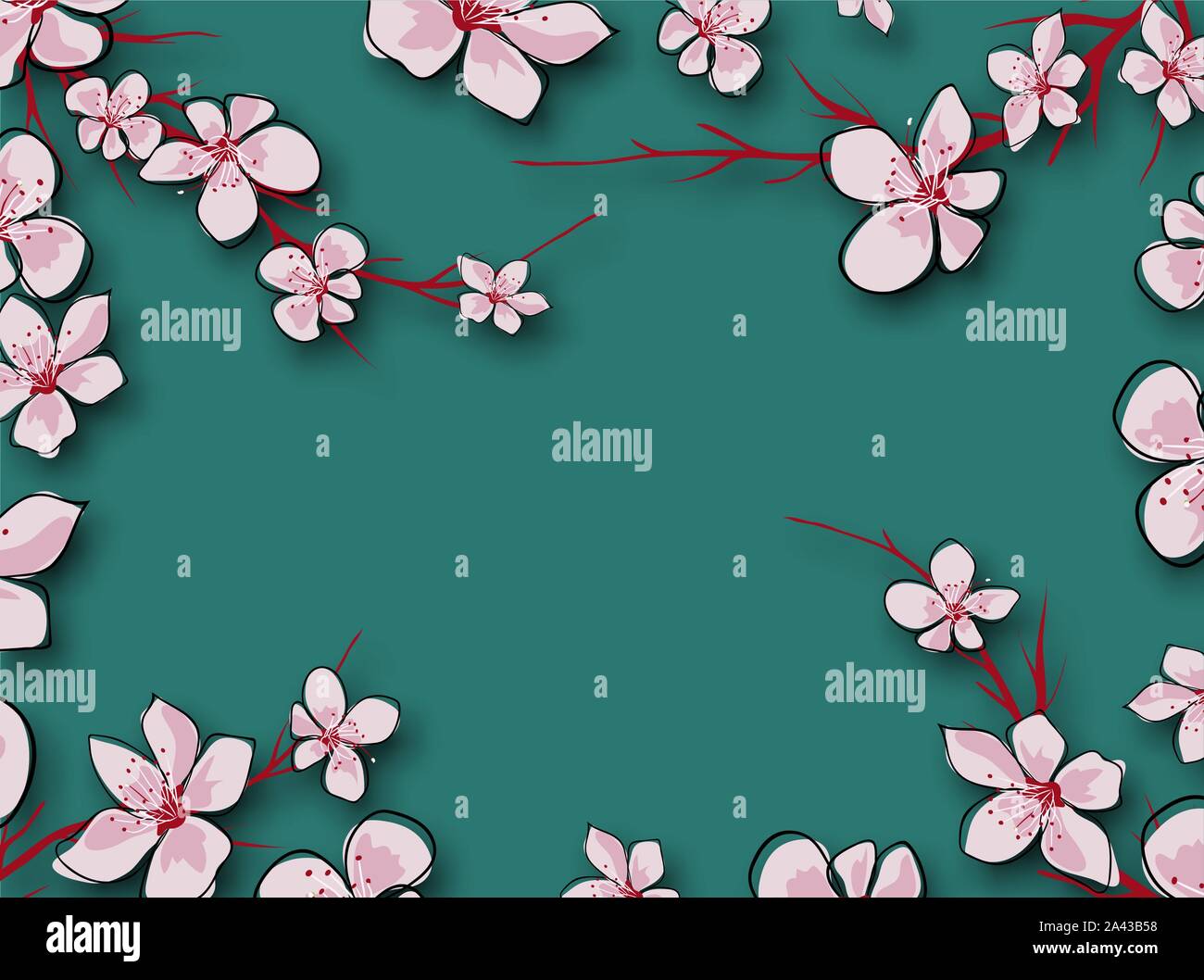 Japanese green banner on pink background. Fresh flowers. Spring ...