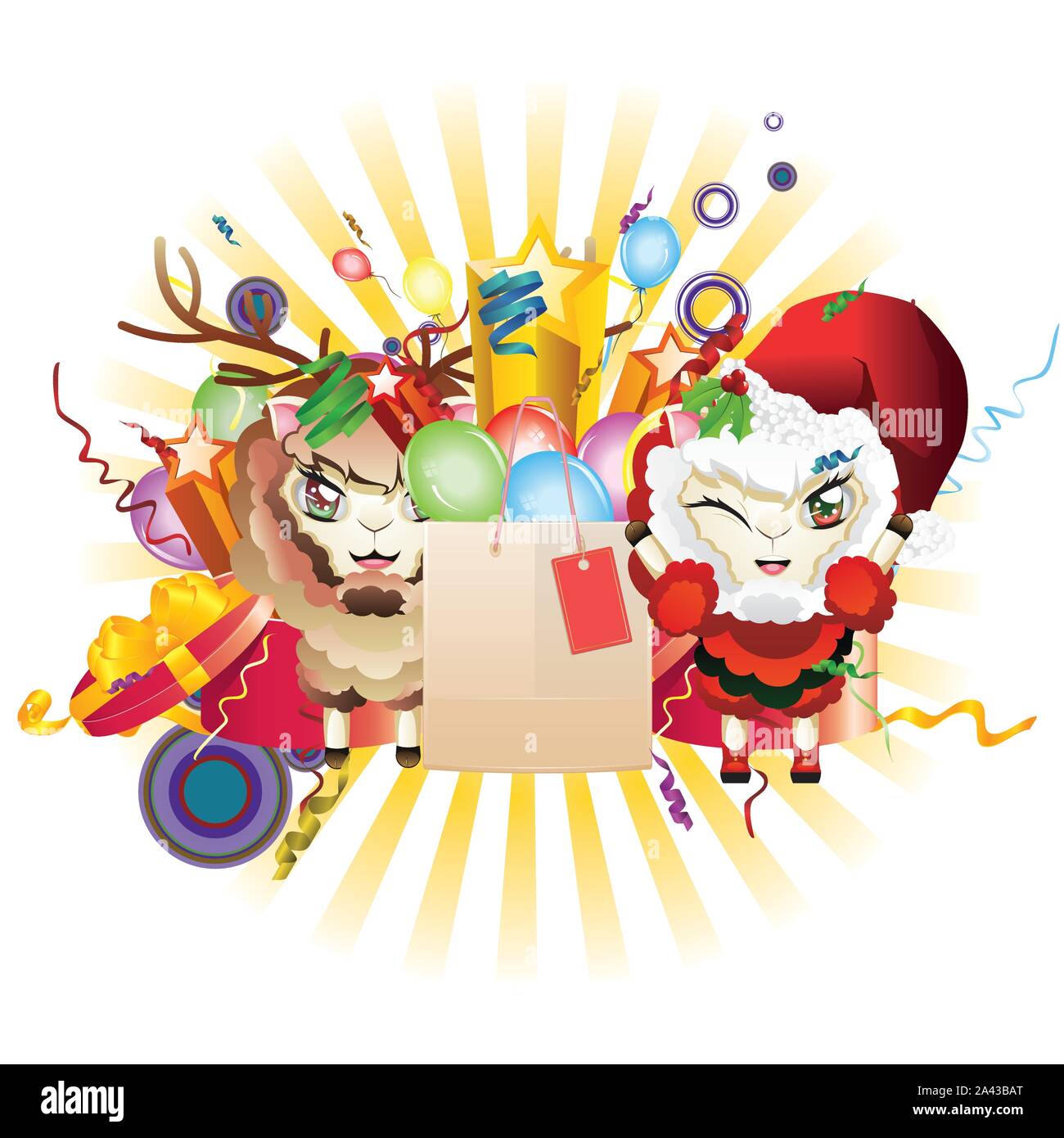 Sheep in Santa suit and sheep in deer suit with gift boxes Stock Vector ...