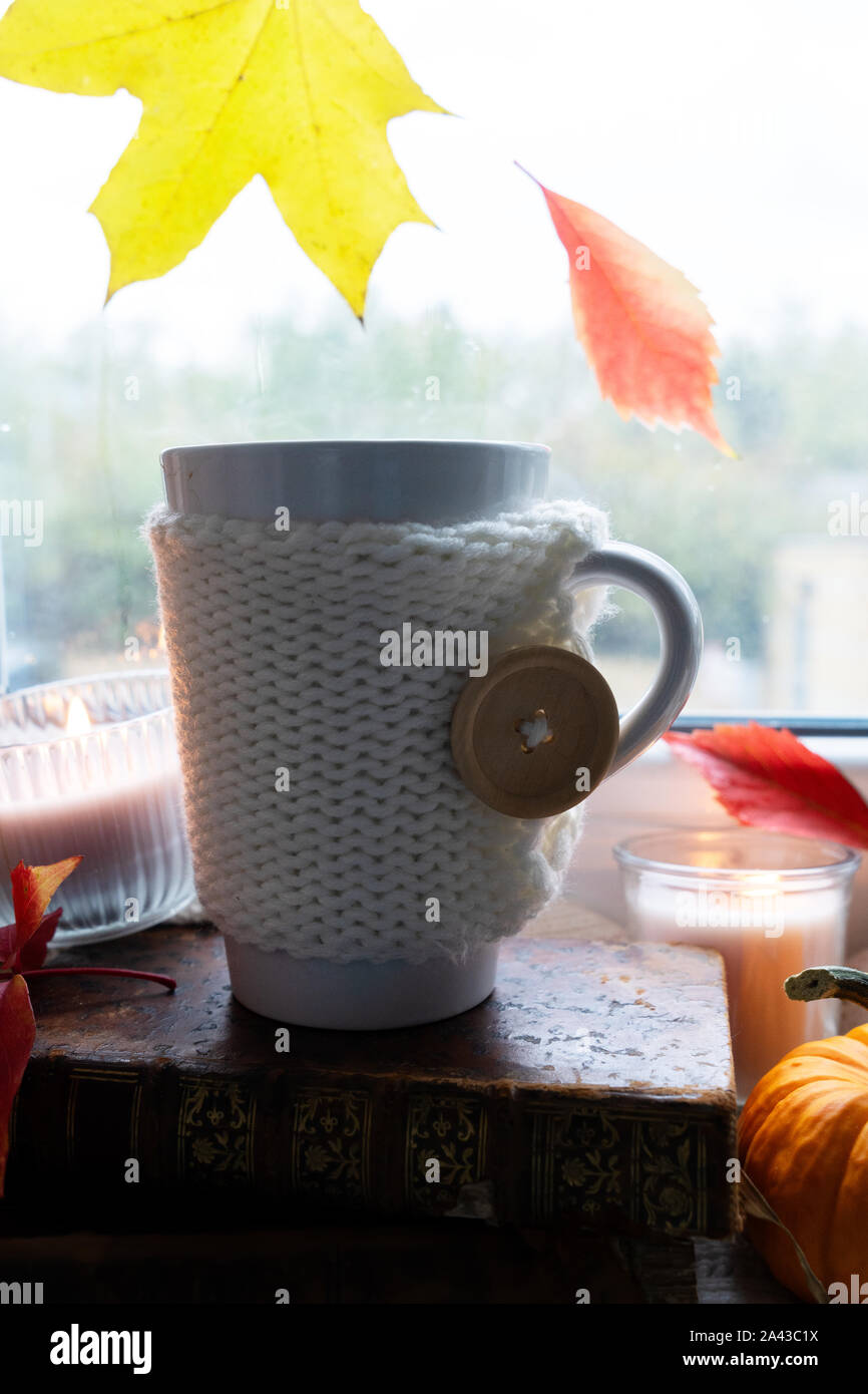 fall coffee cup on windowsil, autumn view in background Stock Photo - Alamy