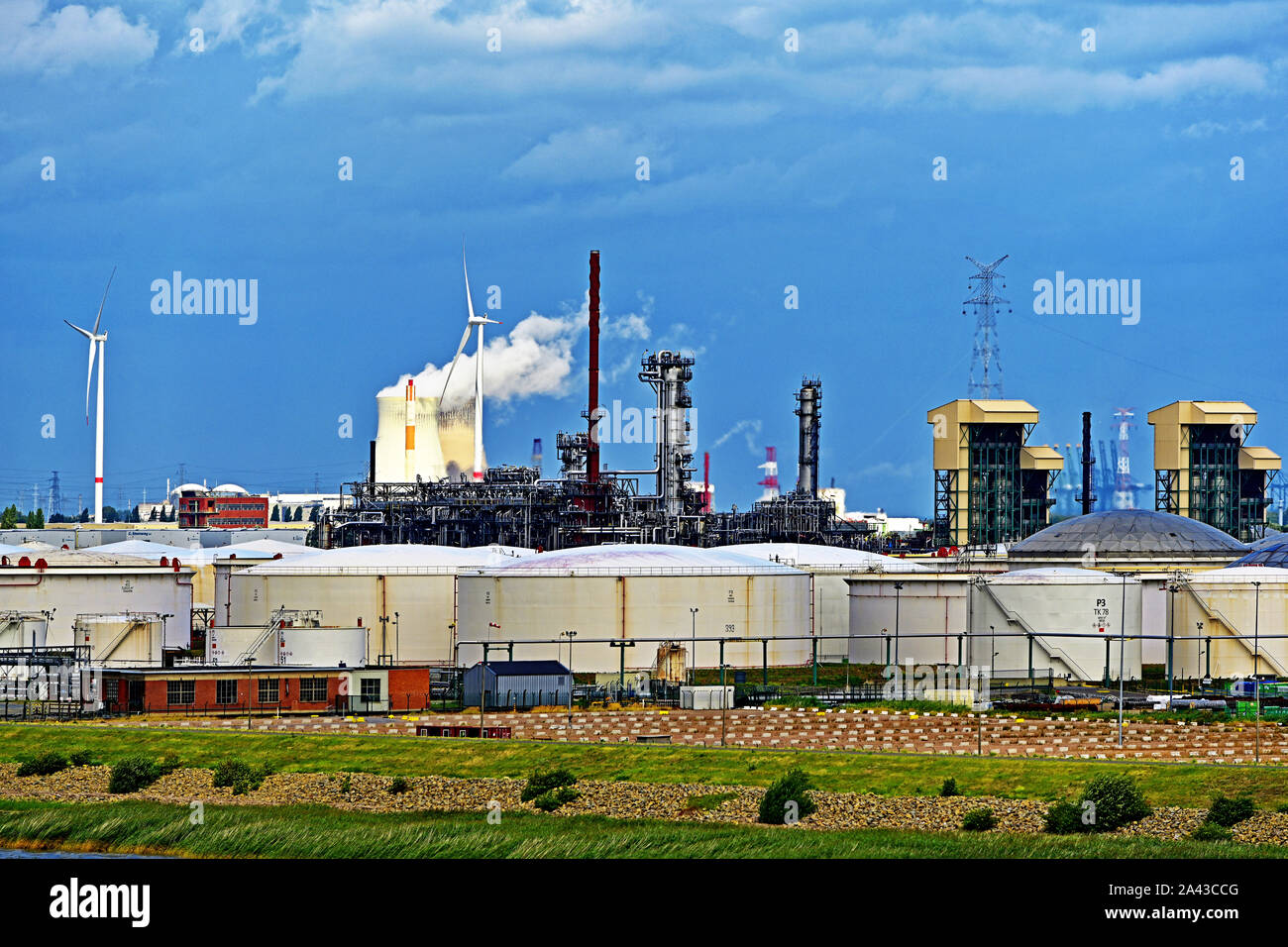 Antwerp Belgium August 10 2019 Large power station towers and oil ...