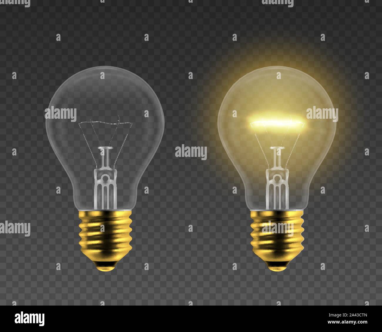Vector 3d Realistic Golden Turning On and Off Light Bulb Icon Set Closeup Isolated on Dark ...