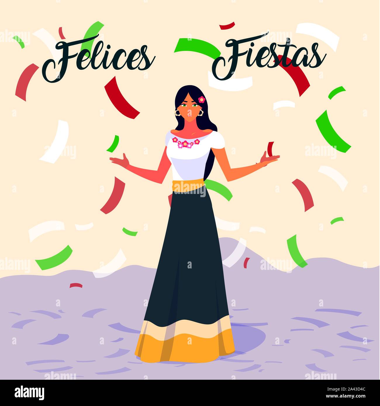 felices fiestas label with woman with mexican typical costume vector ...