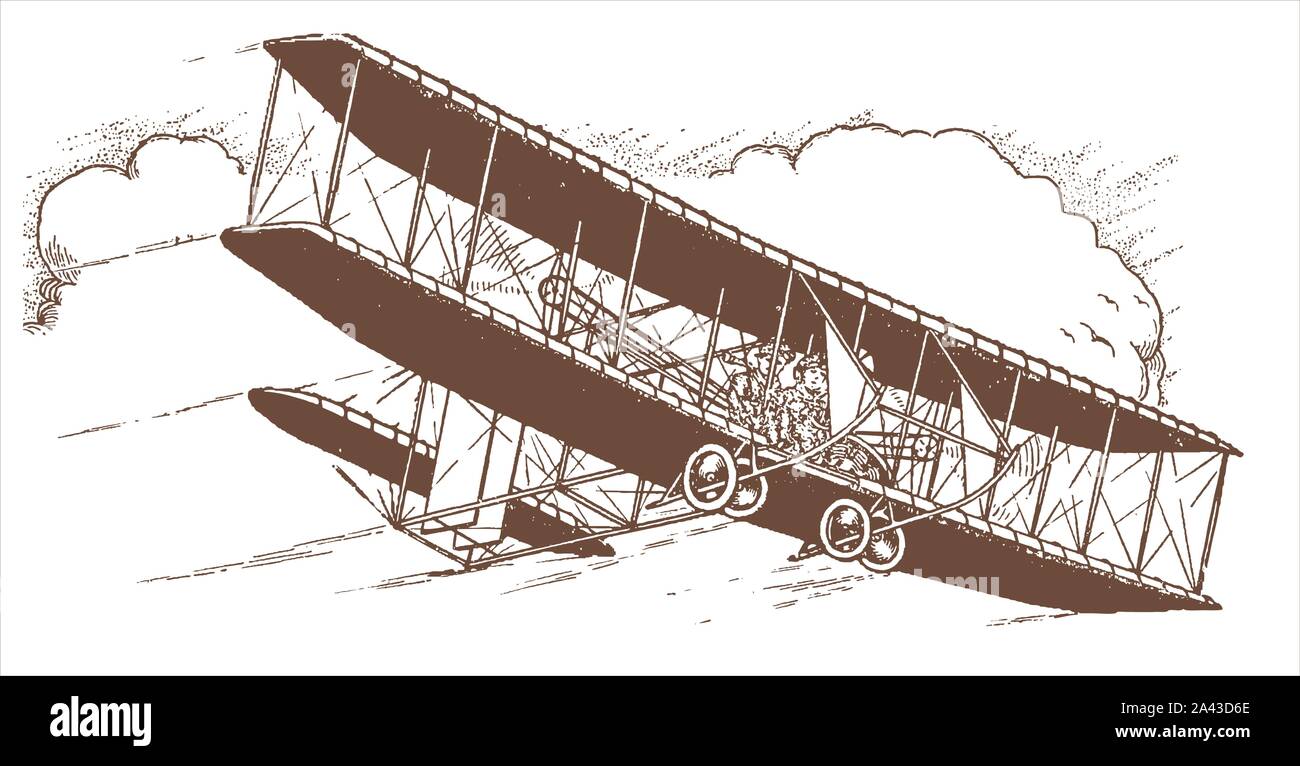 Historic flying school biplane flying in front of huge clouds ...