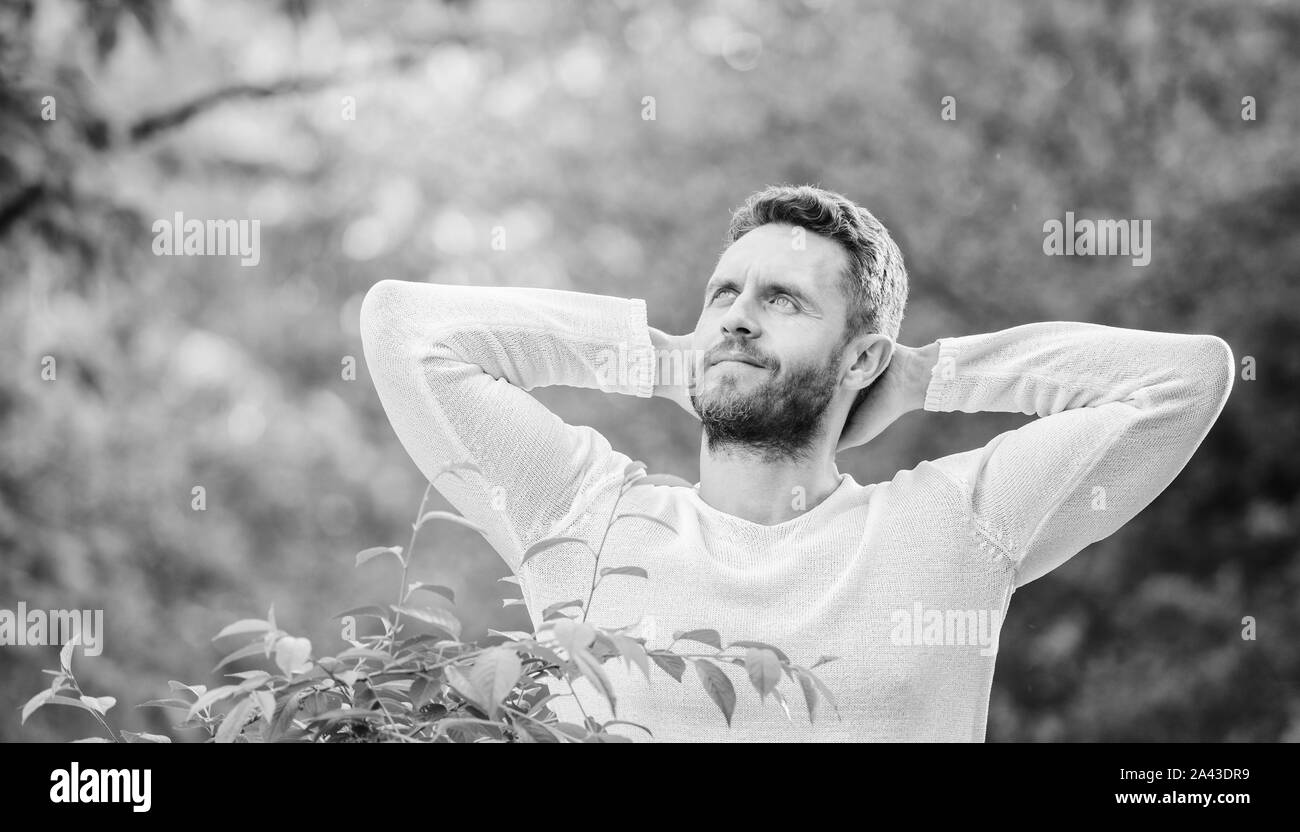 Keep it healthy way. Nature relax spa resort. Feel power of nature. Man ...