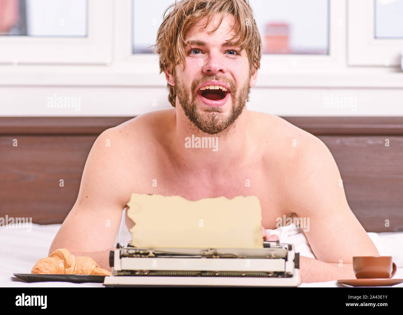 Vintage typewriter concept. Man typing retro writing machine. Male ...