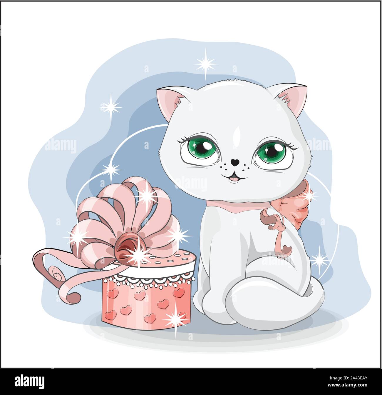 lovely white cat, kitten with gift box, decorated with bow. The picture ...