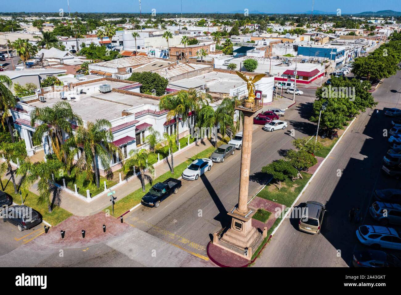 Aerial view of the Angel of Independence in Plaza 5 de Mayo in Navojoa ...