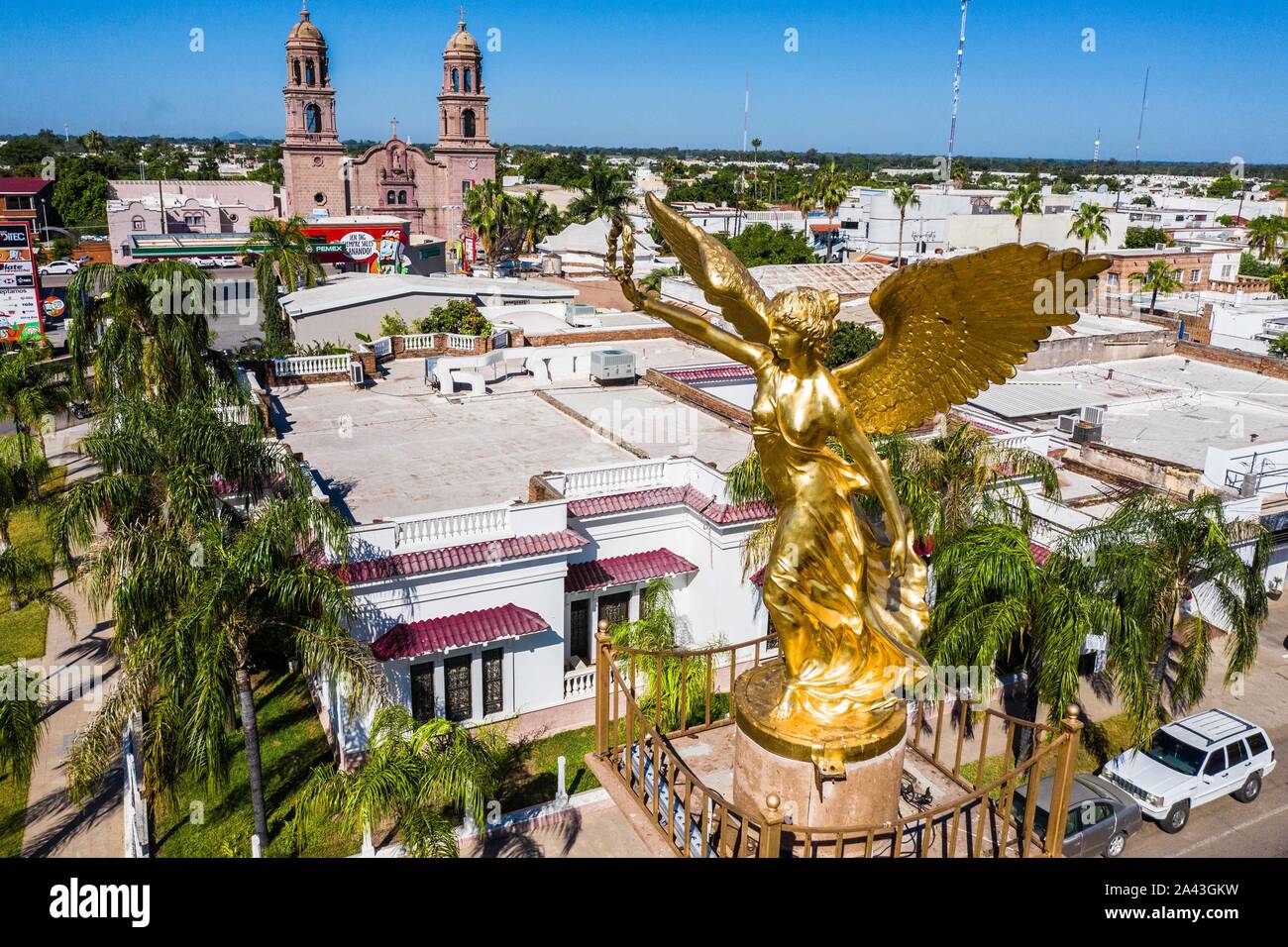 Aerial view of the Angel of Independence in Plaza 5 de Mayo in Navojoa ...