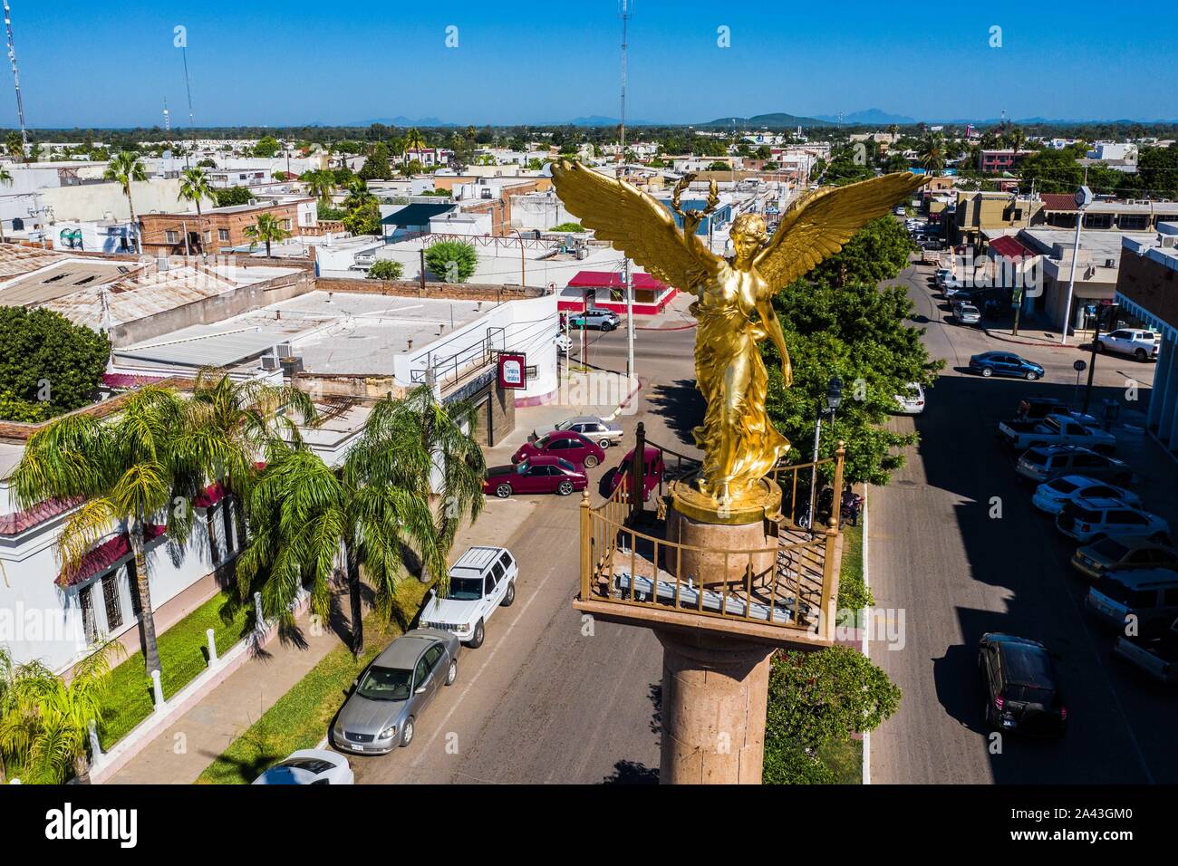 Aerial view of the Angel of Independence in Plaza 5 de Mayo in Navojoa ...