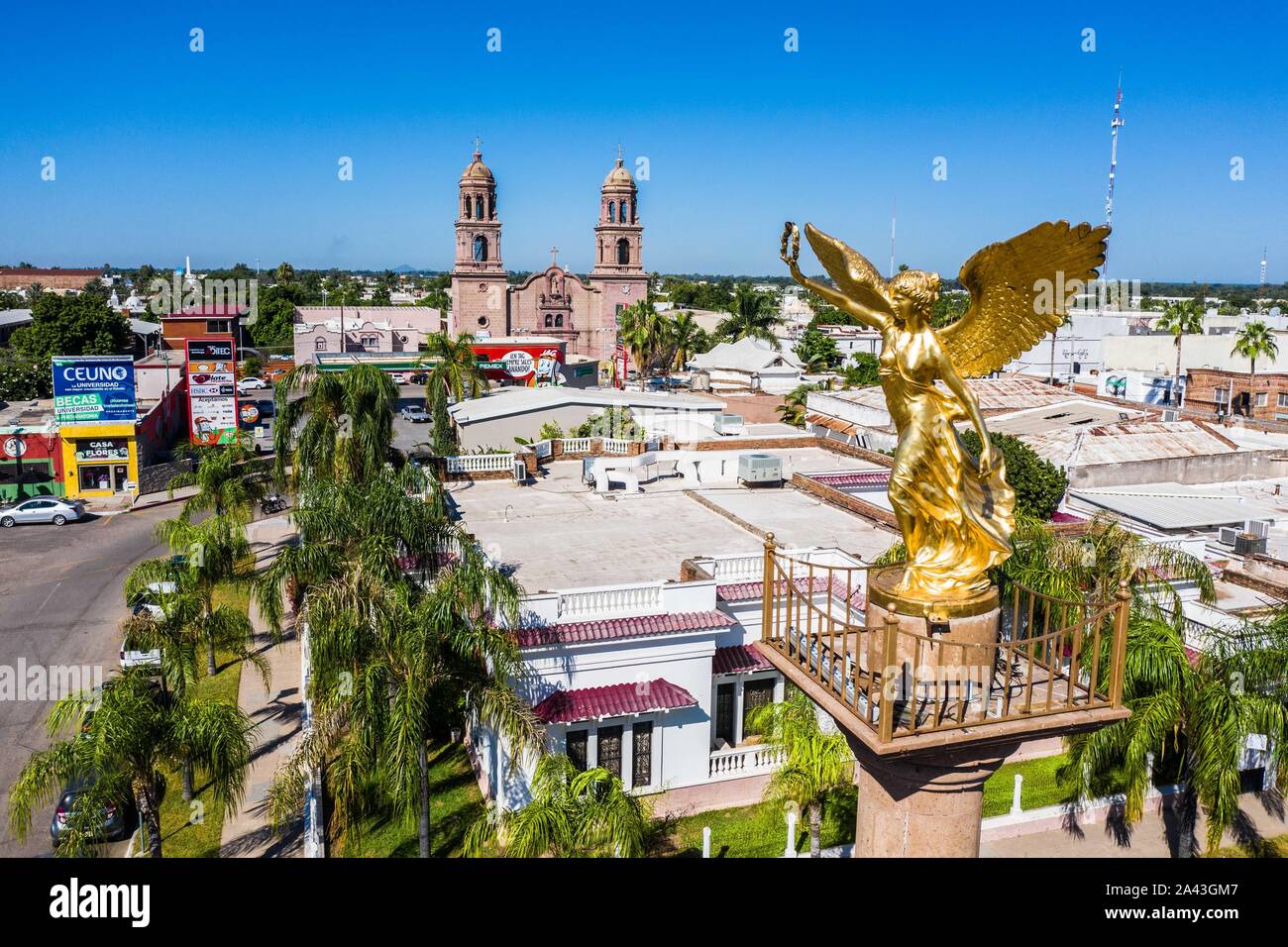 Aerial view of the Angel of Independence in Plaza 5 de Mayo in Navojoa ...