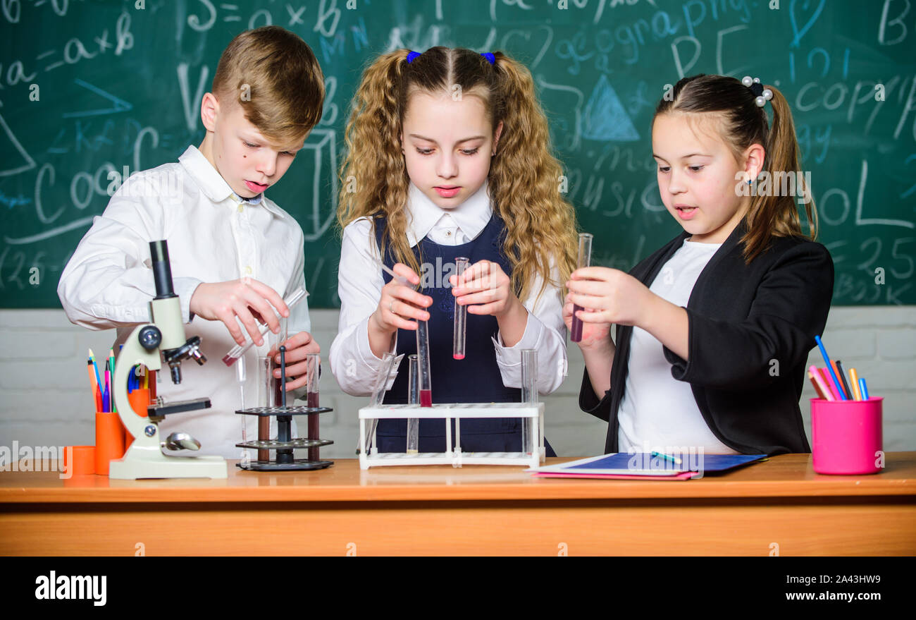 Formal education. School laboratory. Group school pupils study chemical ...