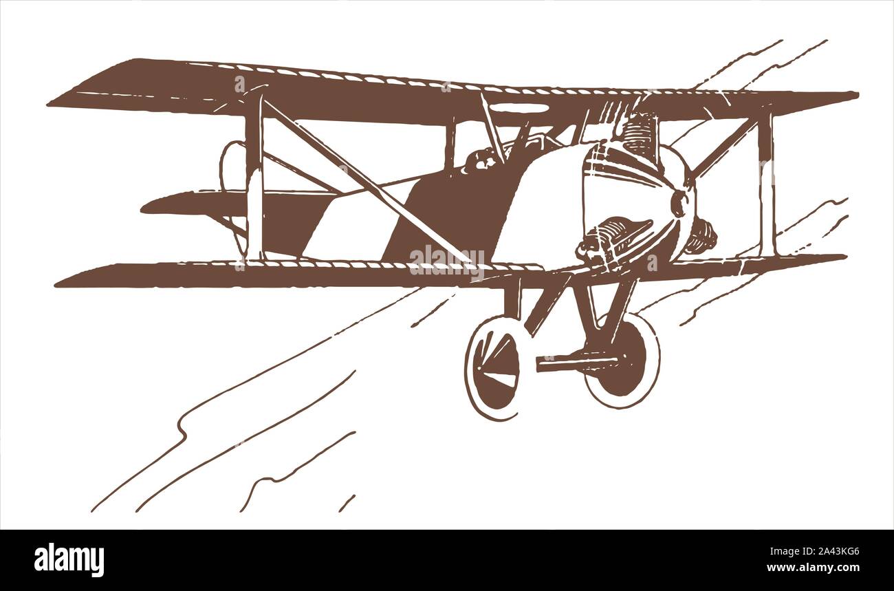 Flying historical two-seater passenger biplane. Illustration after a ...