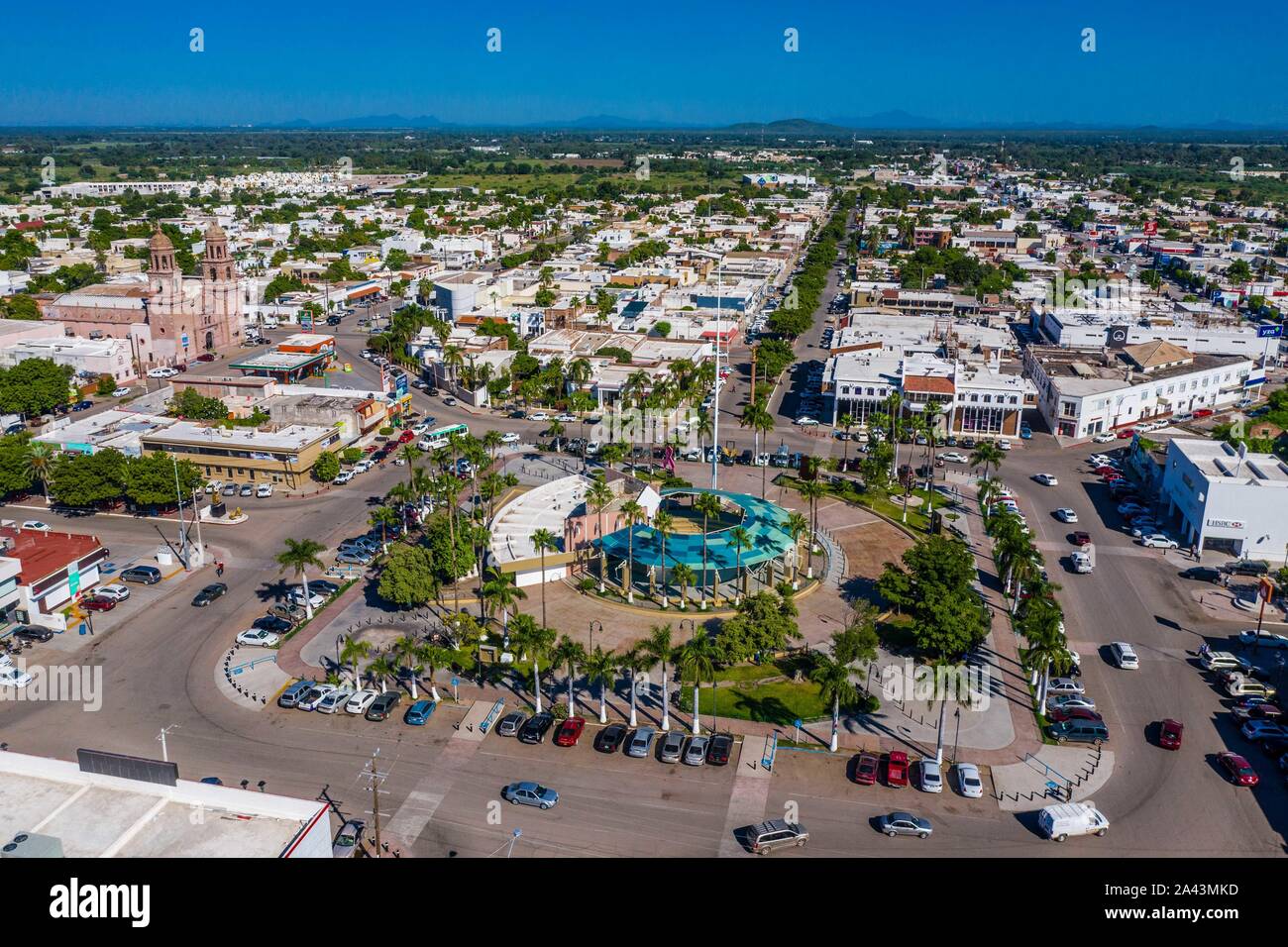Aerial view of Plaza 5 de Mayo and kiosk in Navojoa, Sonora, Mexico ...