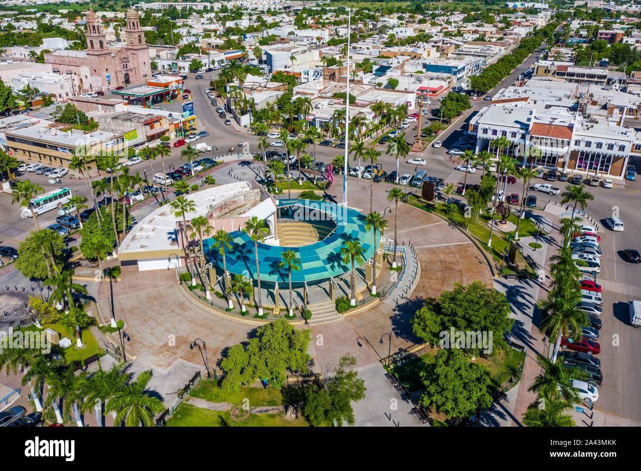 Aerial view of Plaza 5 de Mayo and kiosk in Navojoa, Sonora, Mexico ...