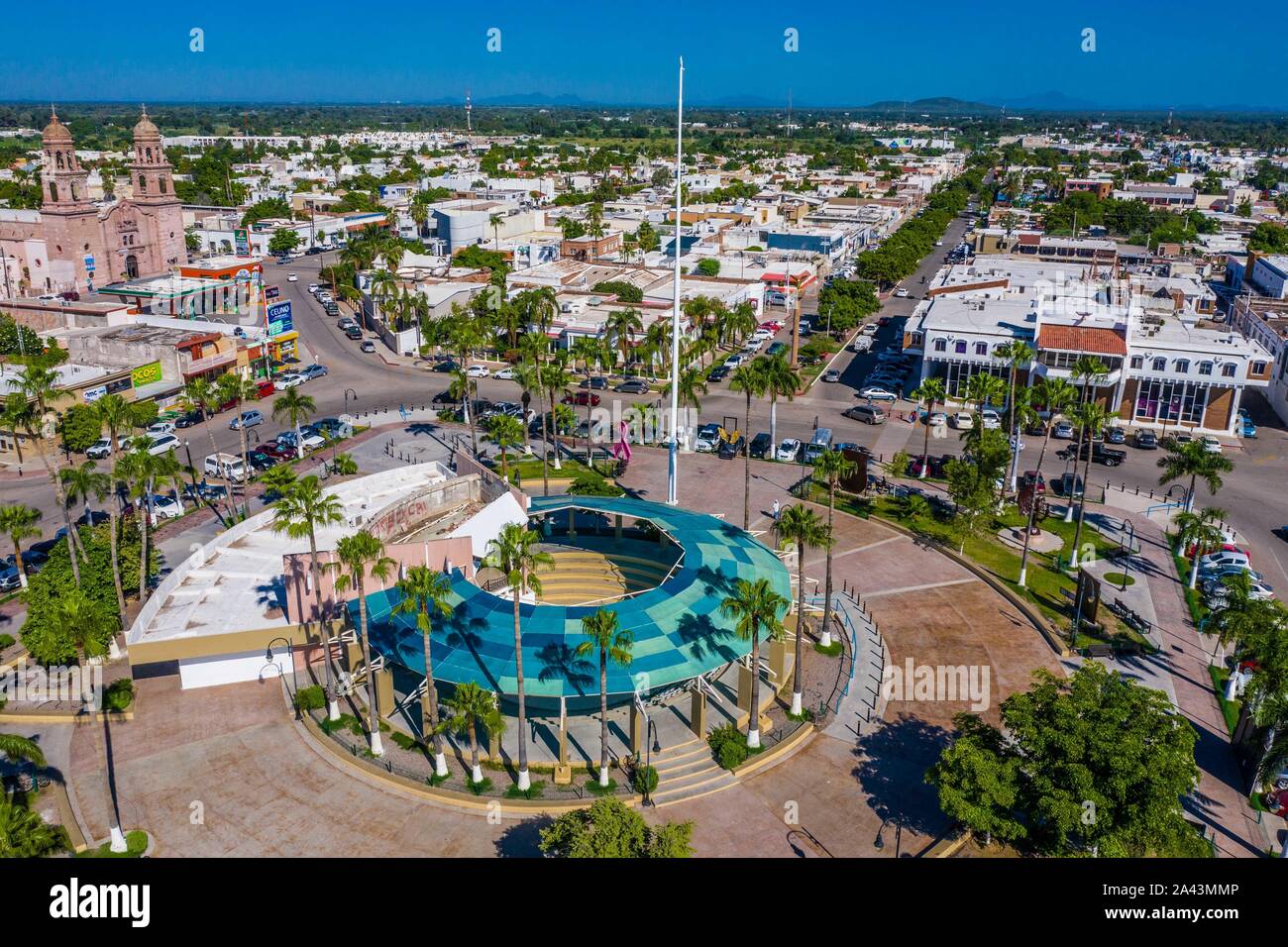 Aerial view of Plaza 5 de Mayo and kiosk in Navojoa, Sonora, Mexico ...