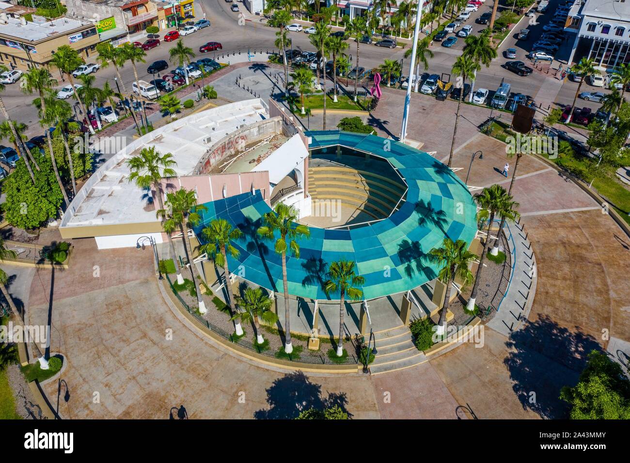 Aerial view of Plaza 5 de Mayo and kiosk in Navojoa, Sonora, Mexico ...