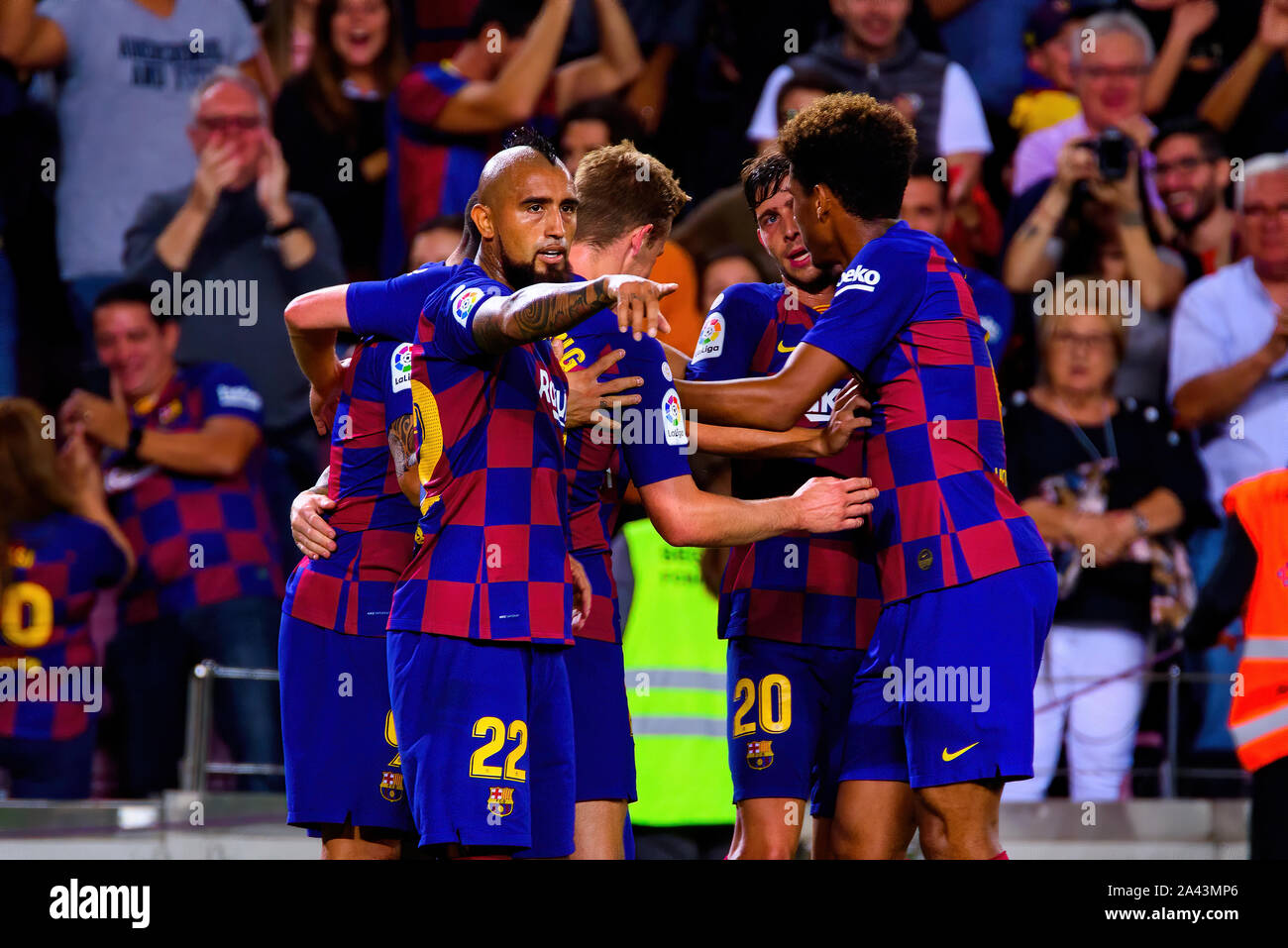 BARCELONA - OCT 6: Barcelona players celebrate after scoring a goal at ...